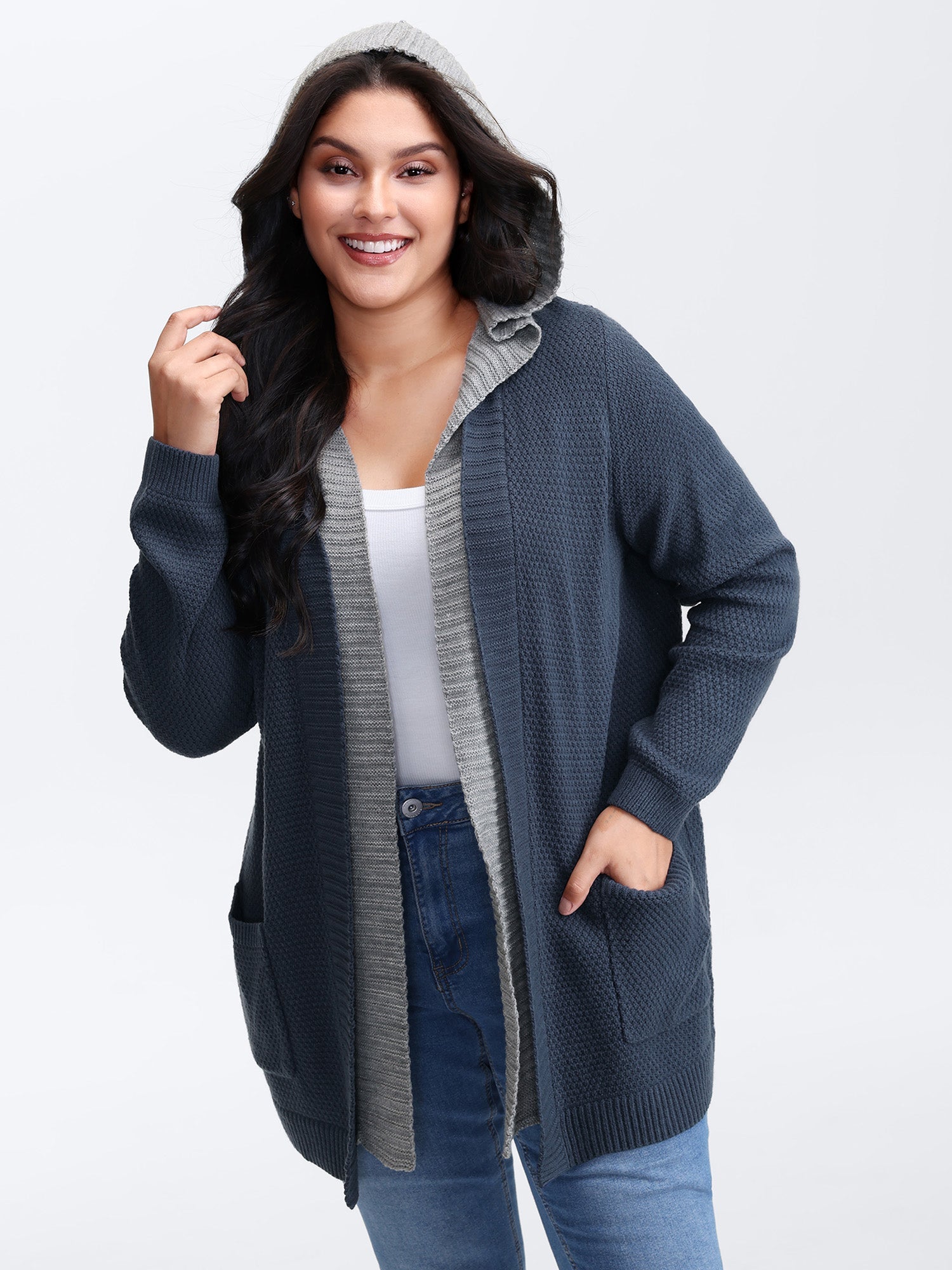 Textured Color Contrast Hooded Pocket Knit Cardigan – BloomPub